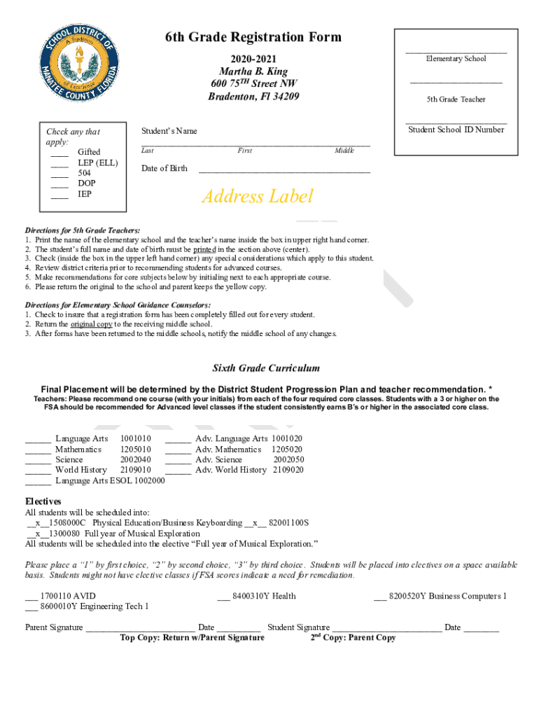 Fillable Online 6th Grade Registration Form - School District of Manatee County Fax Email Print ...