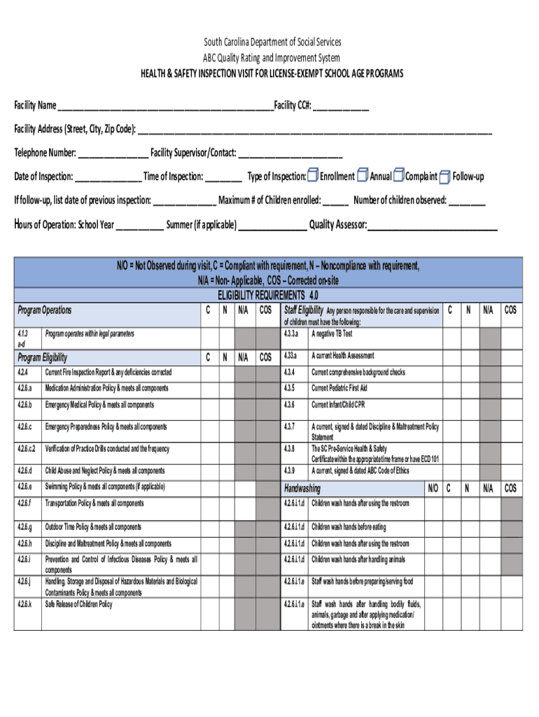 Fillable Online Health & Safety Inspection Checklist - SC Child Care ...