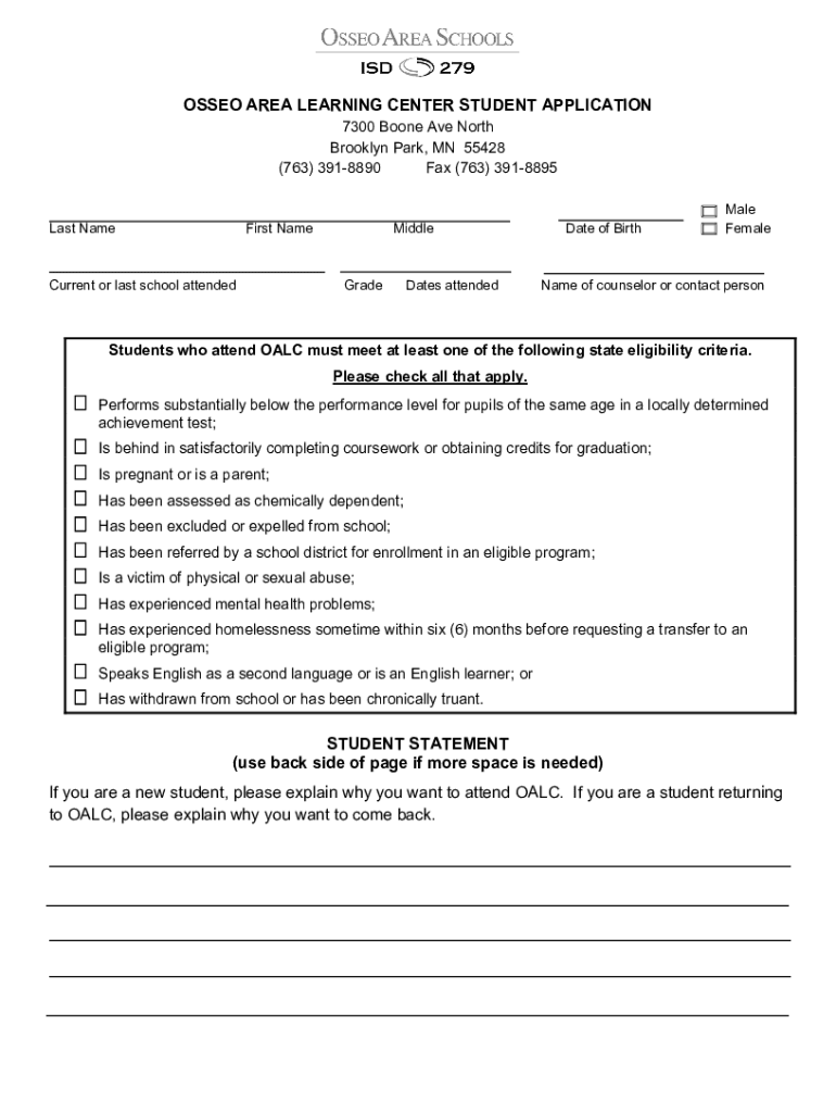 Fillable Online Osseo Area Learning CenterOsseo Area Schools Fax Email ...
