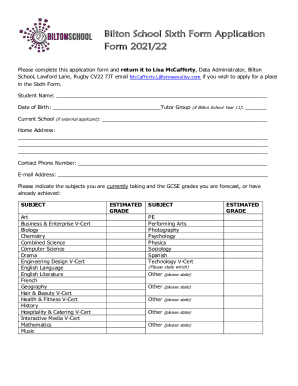 Fillable Online Bilton School Sixth Form Application Form 2021/22 Fax ...