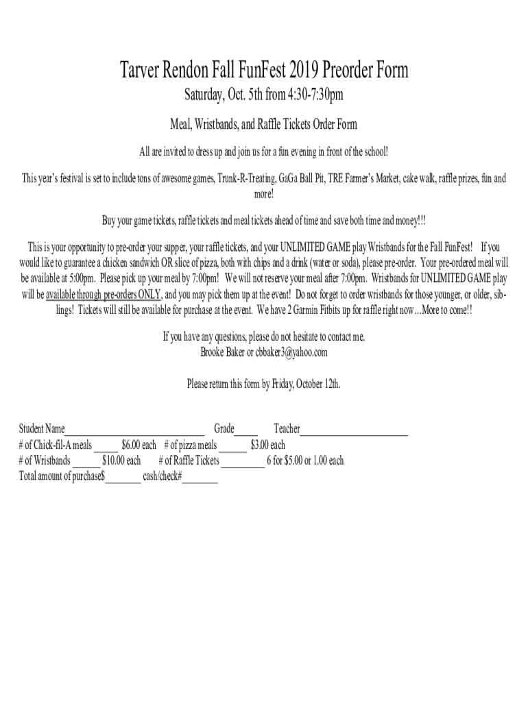 Fillable Online Tarver Rendon Fall FunFest 2019 Preorder Form Fax Email ...