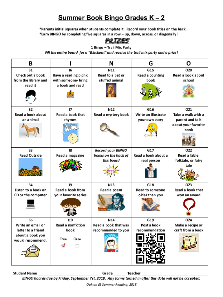 Fillable Online Summer Book Bingo Grades K - Oakton Elementary School ...