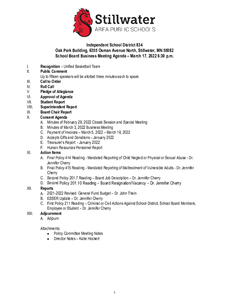 Fillable Online School Board - Stillwater Area Public Schools ISD 834 ...