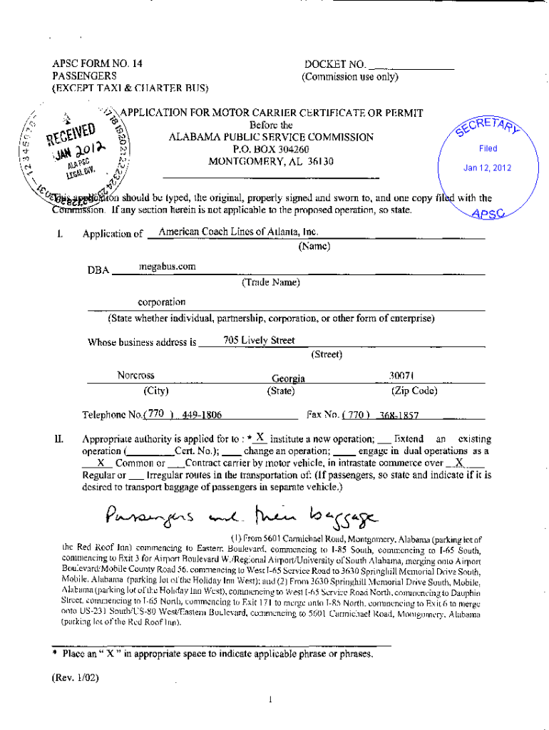 Fillable Online APSC FORM NO.14 DOCKET NO. PASSENGERS (Commission use ... Fax Email Print ...