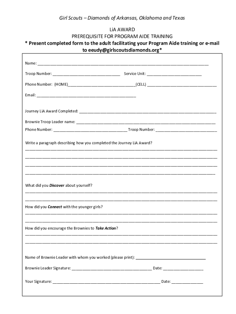 Fillable Online Girl Scouts Diamonds - Prerequisite LIA Completion Form ...