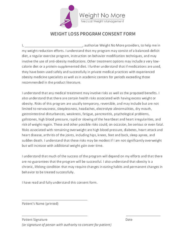 Fillable Online Weight Loss Program Consent Form - Dr. Richa Mittal Fax ...