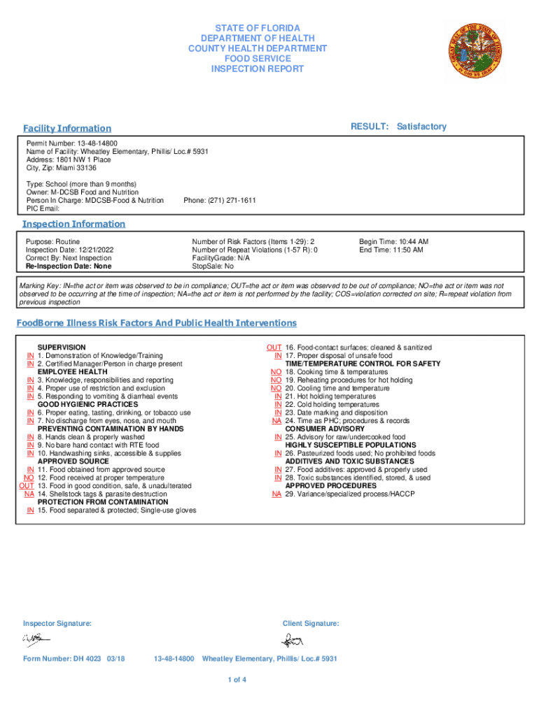 Fillable Online Food Service Inspection Report 2022.pdf Fax Email Print ...
