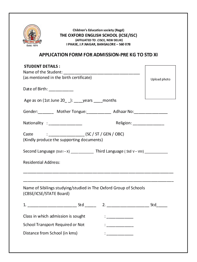 Fillable Online Application form English School G (CLASS VIII AND IX ...
