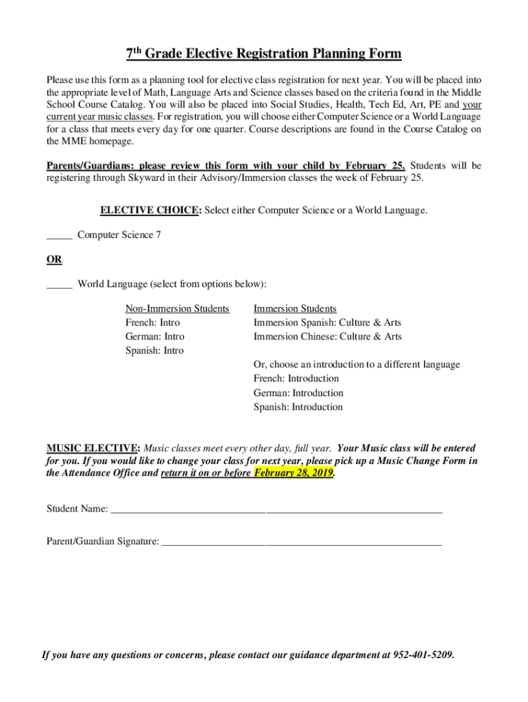 Fillable Online Preparing for Grade 7 Elective Registration Planning ...