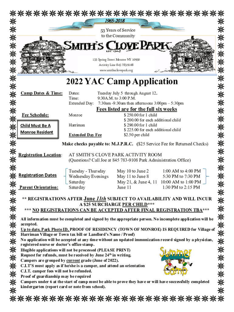 Fillable Online Summer Youth Activity Camp / YAC/ Pre-K - Smith's Clove ...