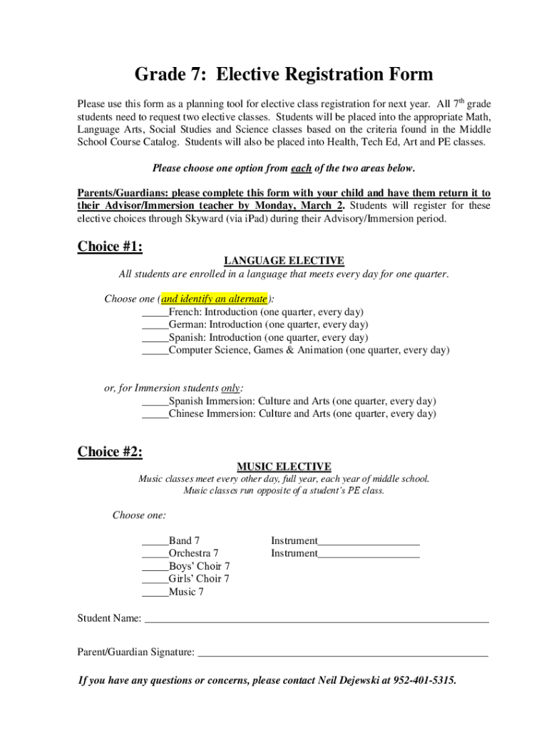 Fillable Online Grade 7: Elective Registration Form Fax Email Print ...