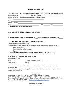 Fillable Online seaver pepperdine PLEASE PRINT DONATION DESCRIPTION (one form per item) Fax ...