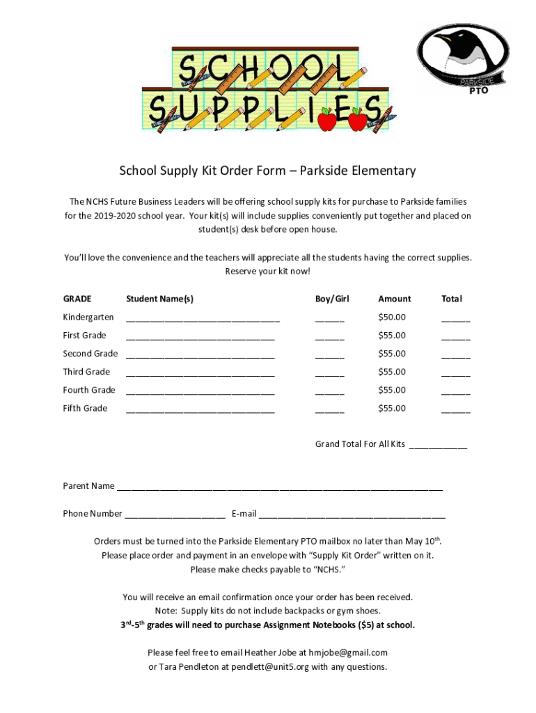 Fillable Online School Supply Kit Order Form Parkside Elementary - Unit ...