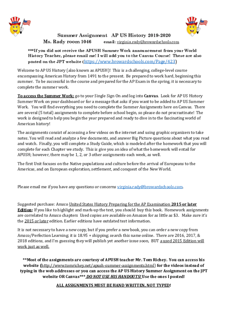 Fillable Online fl01803656 schoolwires APUSH-Summer Work Class of 2023 ...