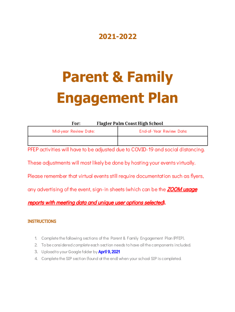 Fillable Online Parent and Family Engagement Plan. Parent and Family ...