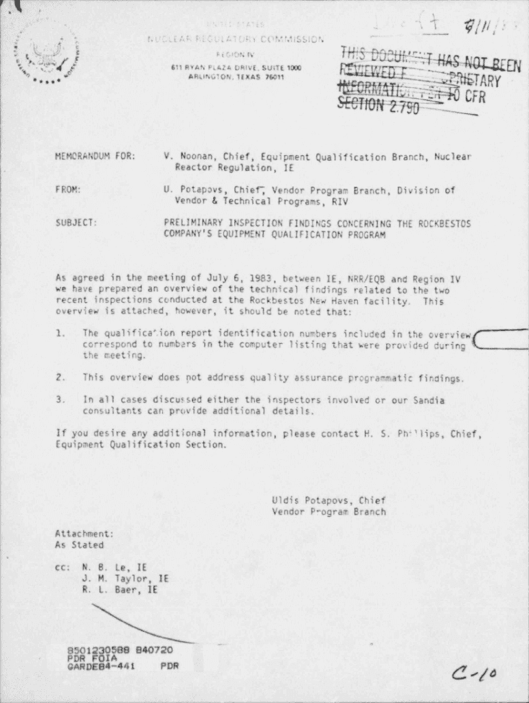 Fillable Online Forwards draft preliminary insp findings re Rockbestos ...