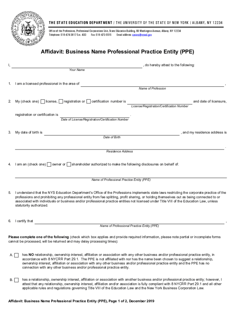 Fillable Online Affidavit: Business Name Professional Practice Entity ...