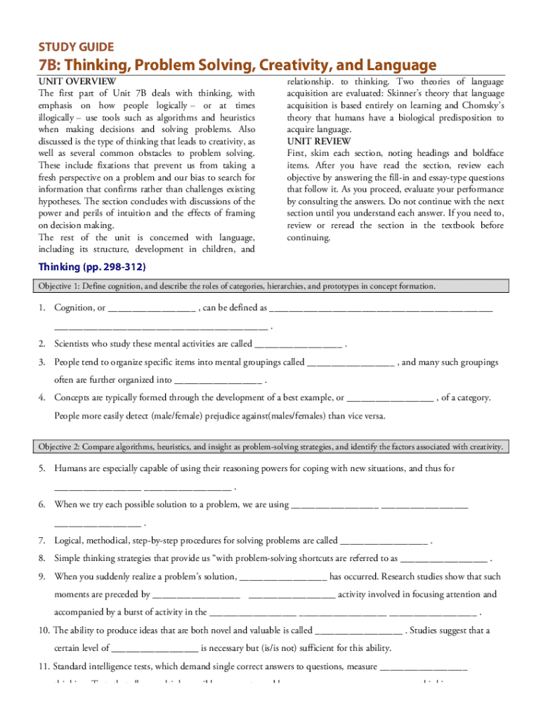 Fillable Online Unit 7B: Thinking, Problem Solving, Creativity, and ...