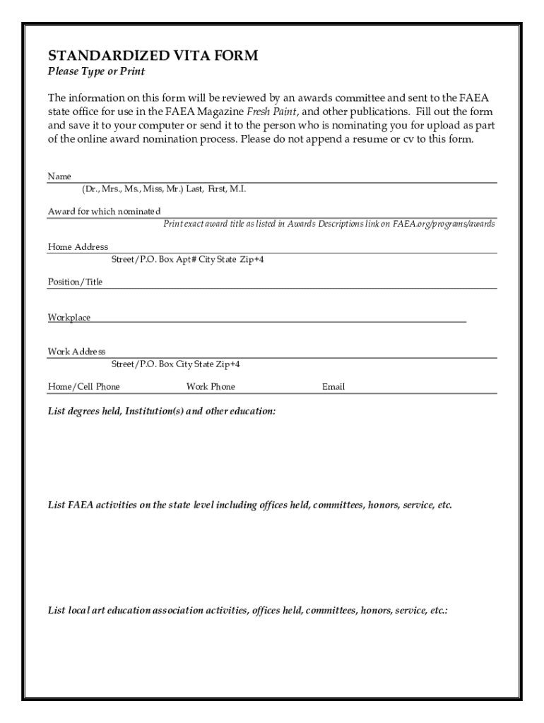 Fillable Online standardized vita form - Florida Art Education ...