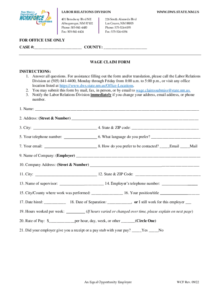 Fillable Online File a claim for unpaid wages - New Mexico Department of ... Fax Email Print ...