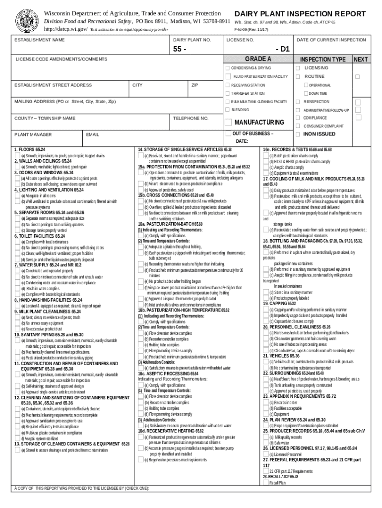 Dairy Plant Inspection Report - datcp wi Doc Template | pdfFiller