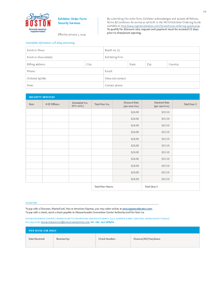 Fillable Online Exhibitor Order Form Security Services for mcca use ...
