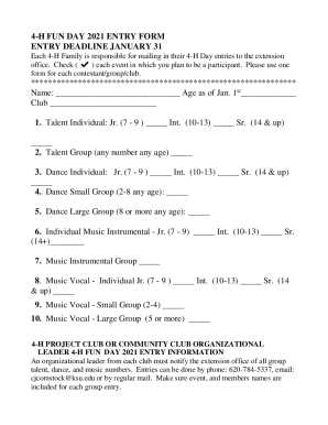 Fillable Online 4-h fun day 2021 entry form entry deadline january 31 ...