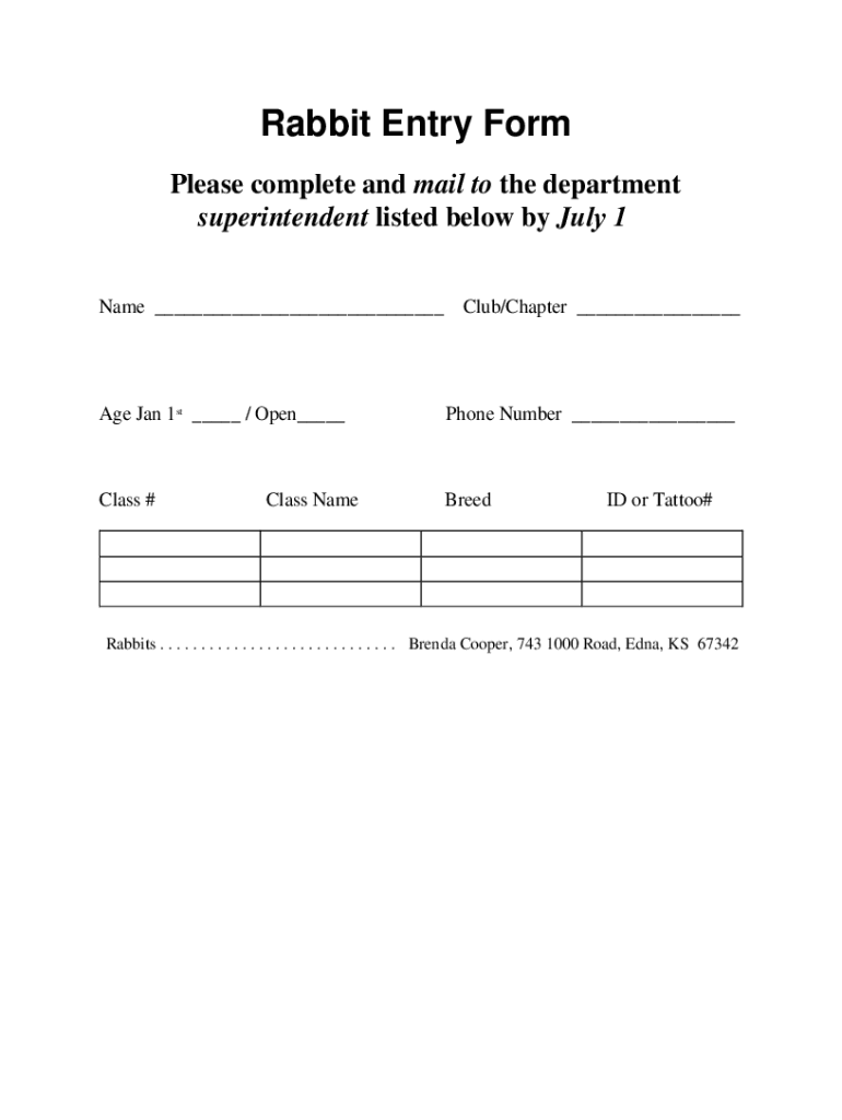 Fillable Online Rabbit Entry Form - Wildcat Extension District Fax ...
