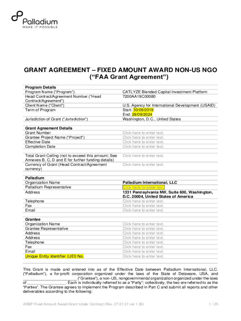Fillable Online FAA Grant Agreement under Contracts (GUC). USAID FAA ...