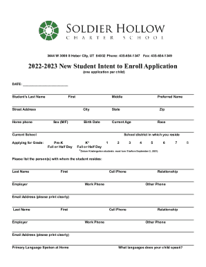 Fillable Online New Student Intent to Enroll Application 22-23 Fax ...