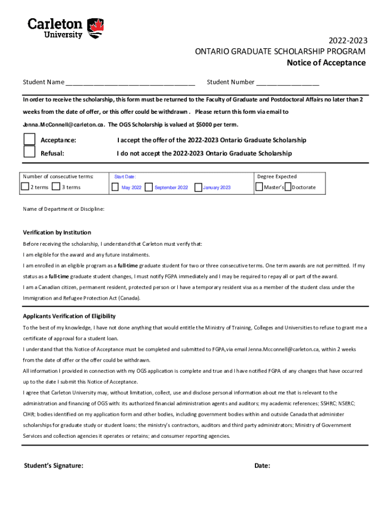 Fillable Online gradstudents carleton Ontario Graduate Scholarship (OGS) and the Queen Elizabeth ...
