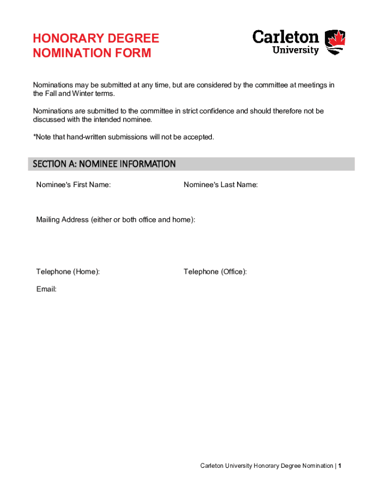 Fillable Online Honorary Degree Nomination Form Carleton University Fax Email Print - pdfFiller