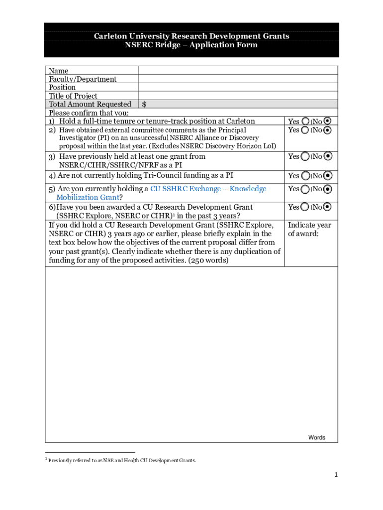 Fillable Online NSERC Bridge Application Form - Carleton University Fax ...