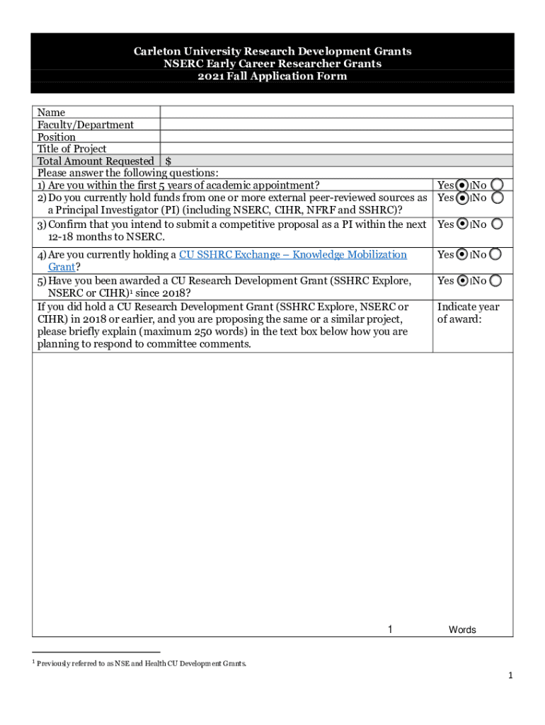 Fillable Online NSERC Early Career Researcher Grants 2021 Fall ...