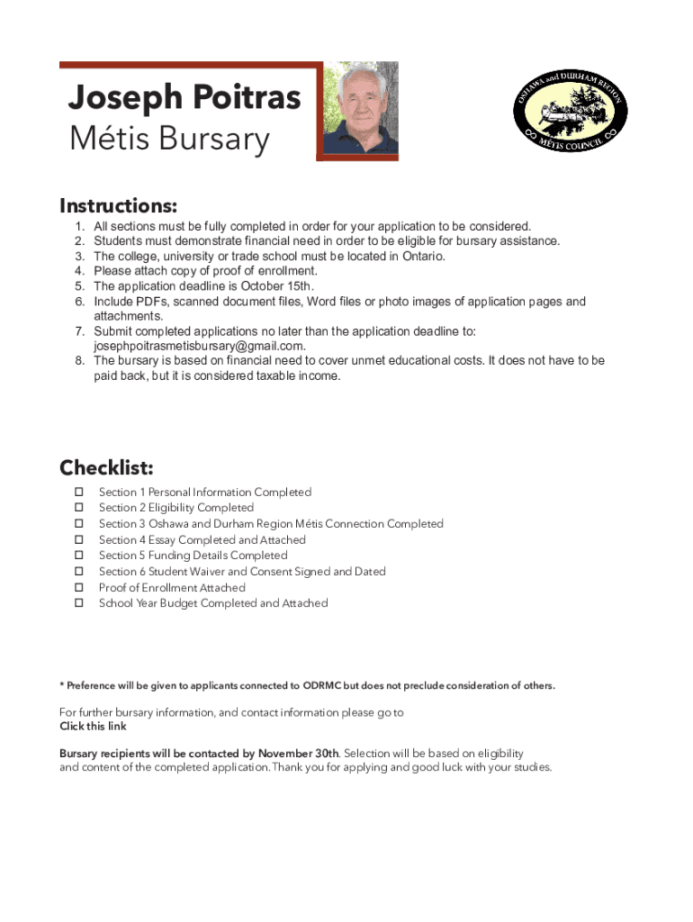 Fillable Online Joseph Poitras Metis Bursary. Scholarship Application ...