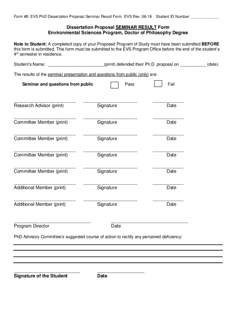 Fillable Online EVS Form 8 PhD Dissertation Proposal Seminar Result Form ... Fax Email Print ...