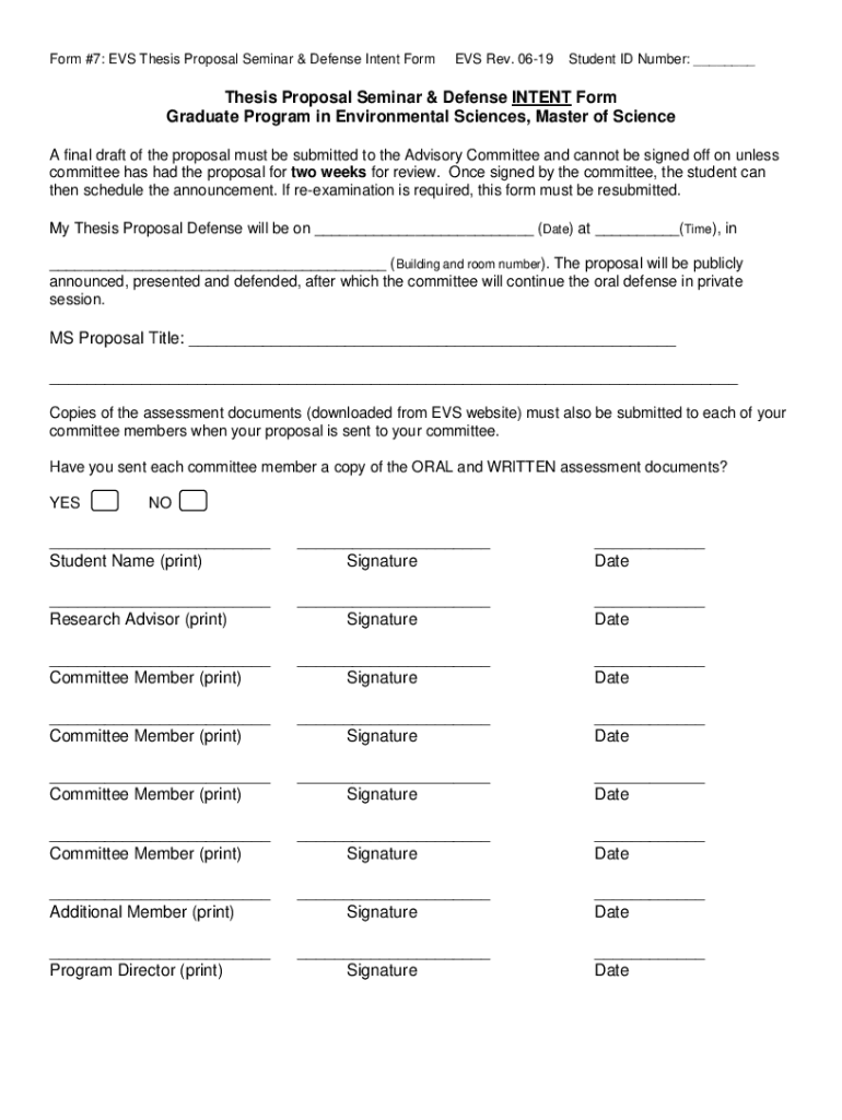 Fillable Online EVS Thesis Proposal Seminar & Defense Intent Form Fax Email Print - pdfFiller