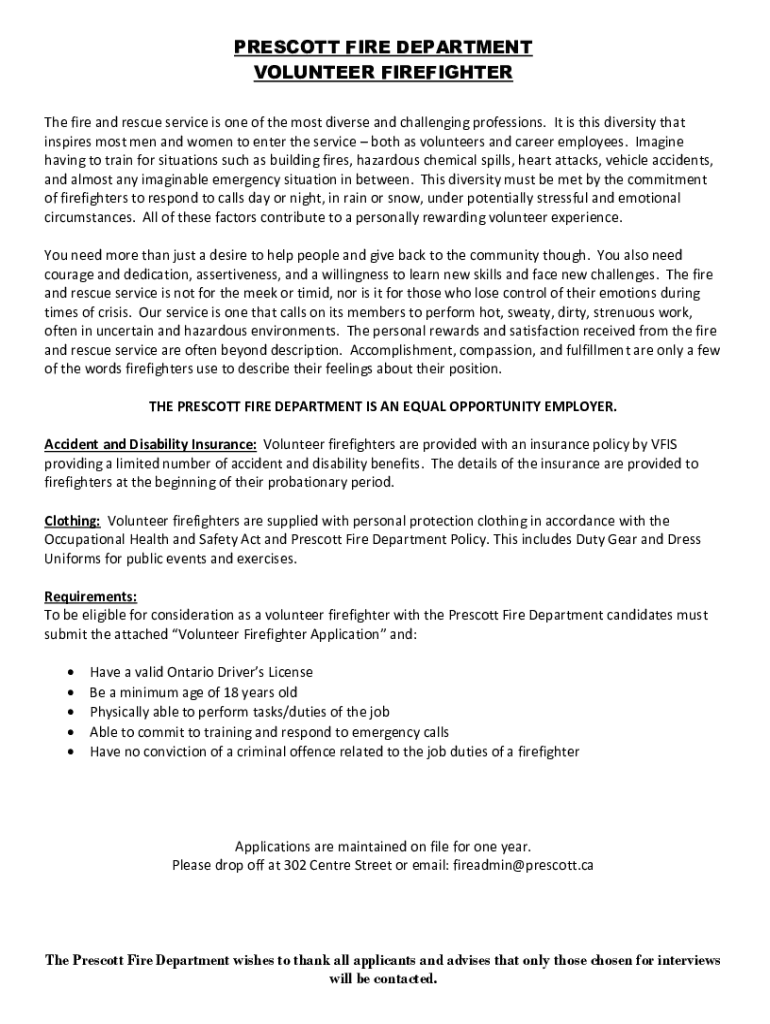 Fillable Online Prescott Fire Department Volunteer Firefighter ...