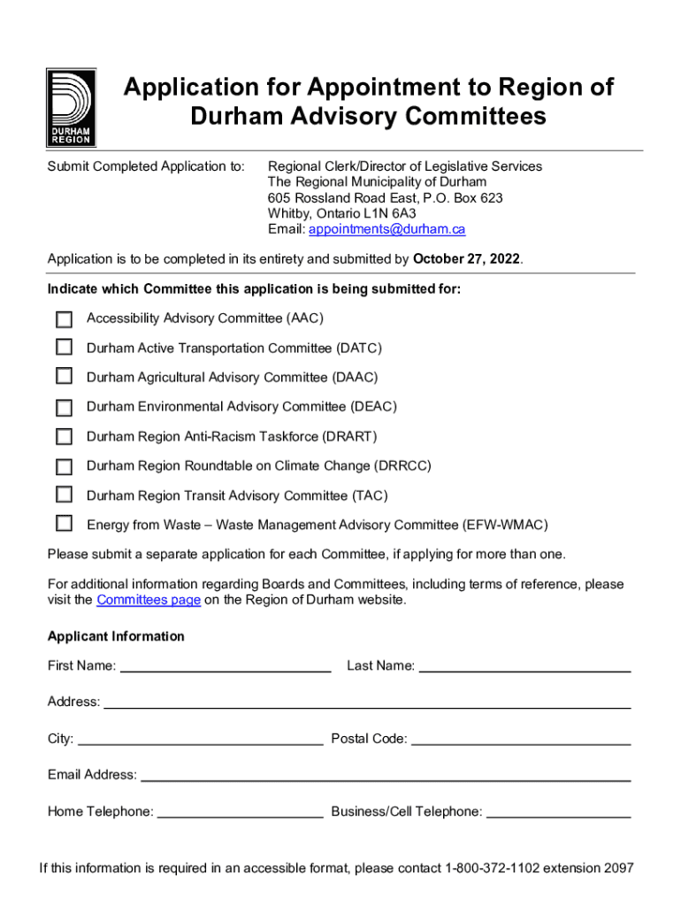 Fillable Online Application for Appointment to Region of Durham ...