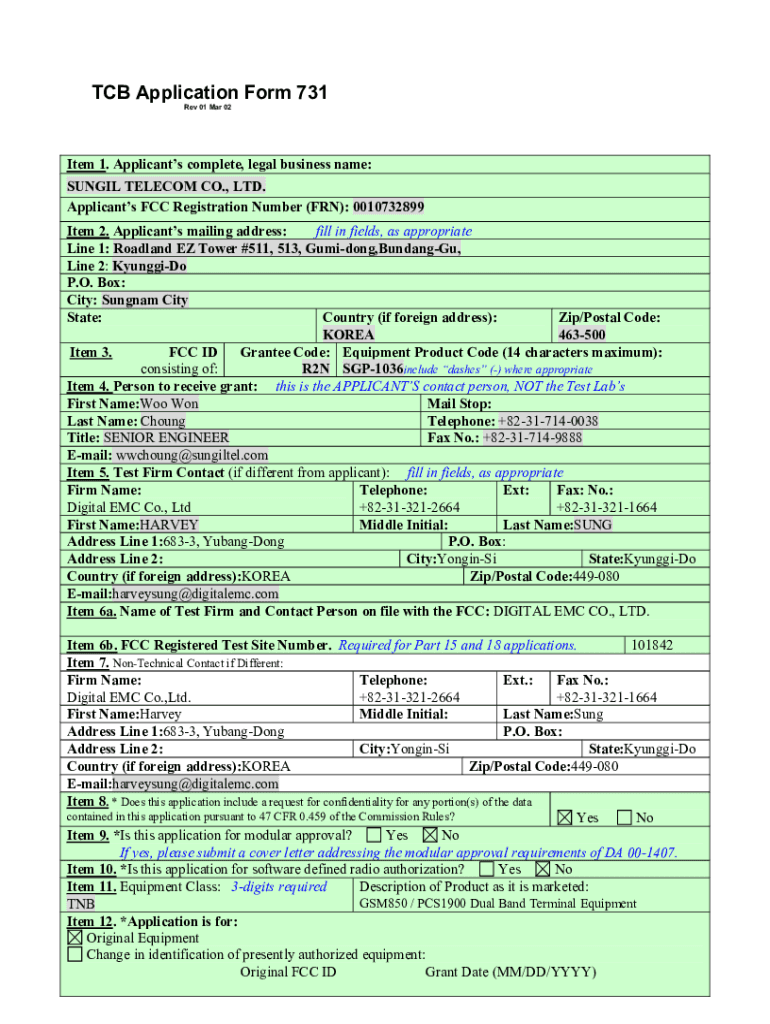 Fillable Online Instructions for completing TCB application form RF731 Fax Email Print - pdfFiller