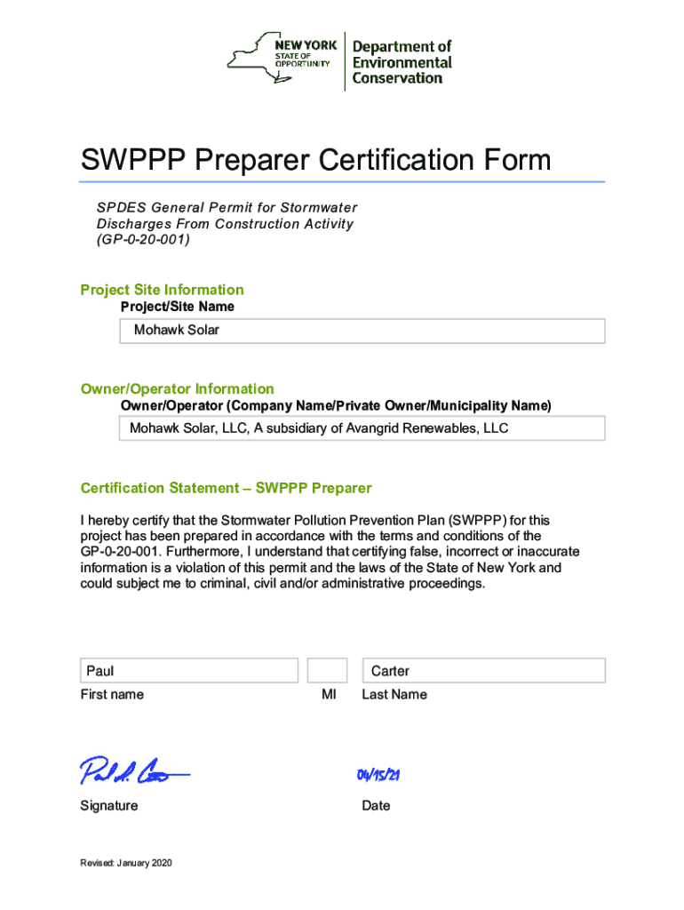 Fillable Online SWPPP Preparer Certification Form (GP-0-20-001 ...
