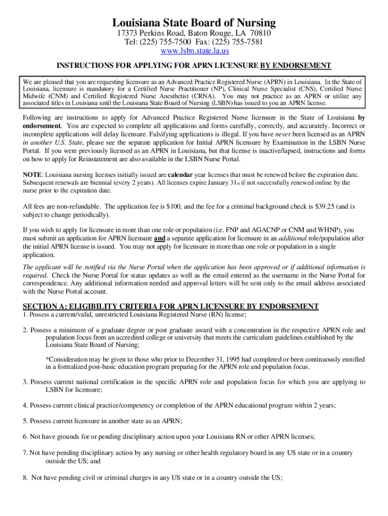 Fillable Online Fillable Online Instructions and Application for APRN ...