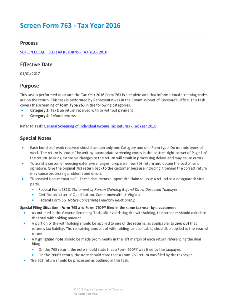 Fillable Online Screen Form 763 - Tax Year 2016 Fax Email Print - pdfFiller