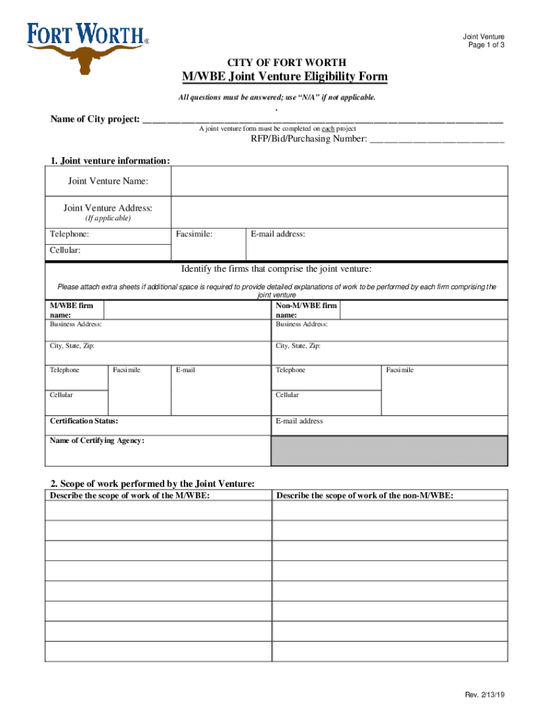 Fillable Online CITY OF FORT WORTH - M/WBE Joint Venture Eligibility ...