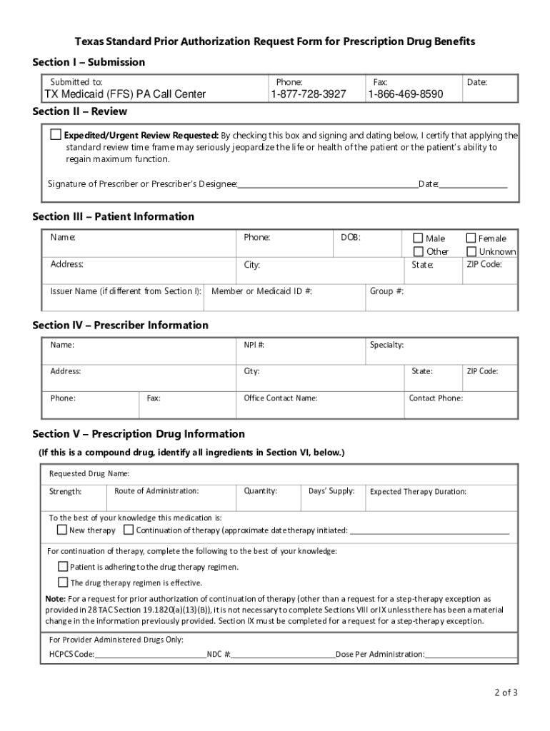 Fillable Online Texas Standard Prior Authorization Request Form for ...