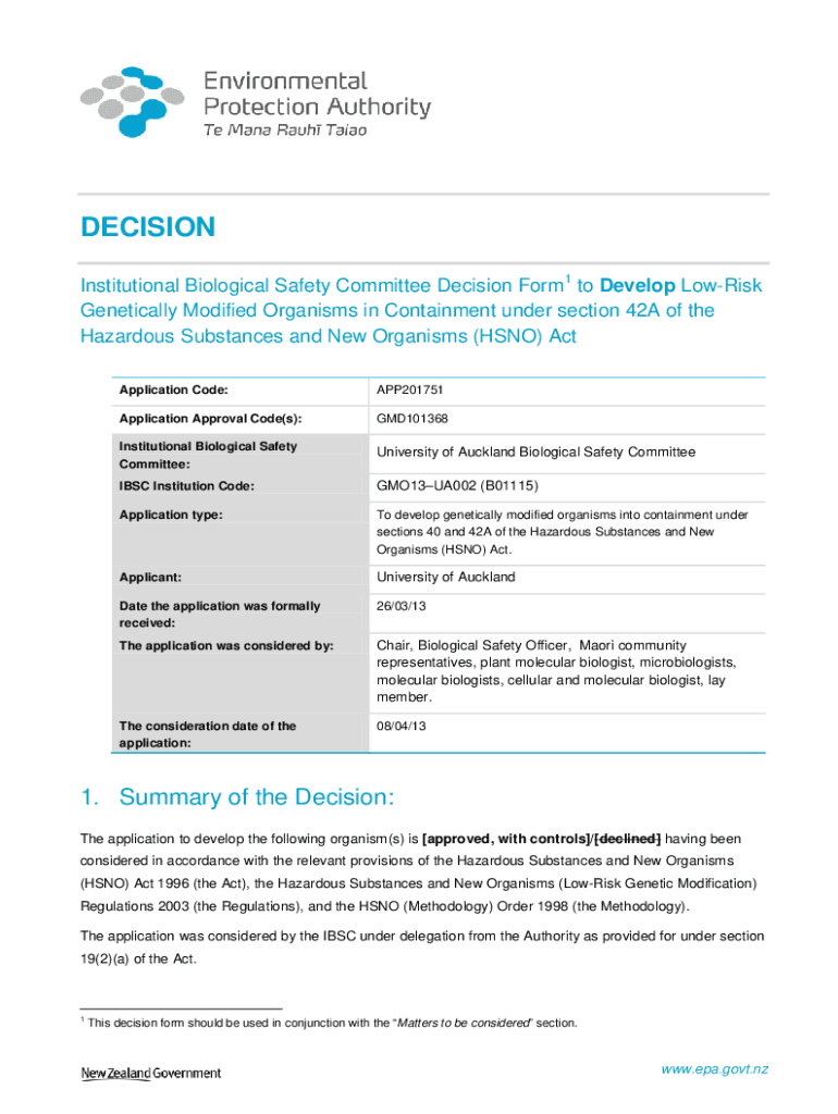 Fillable Online Decison form for IBSC to develop low risk GM - EPA NZ ...