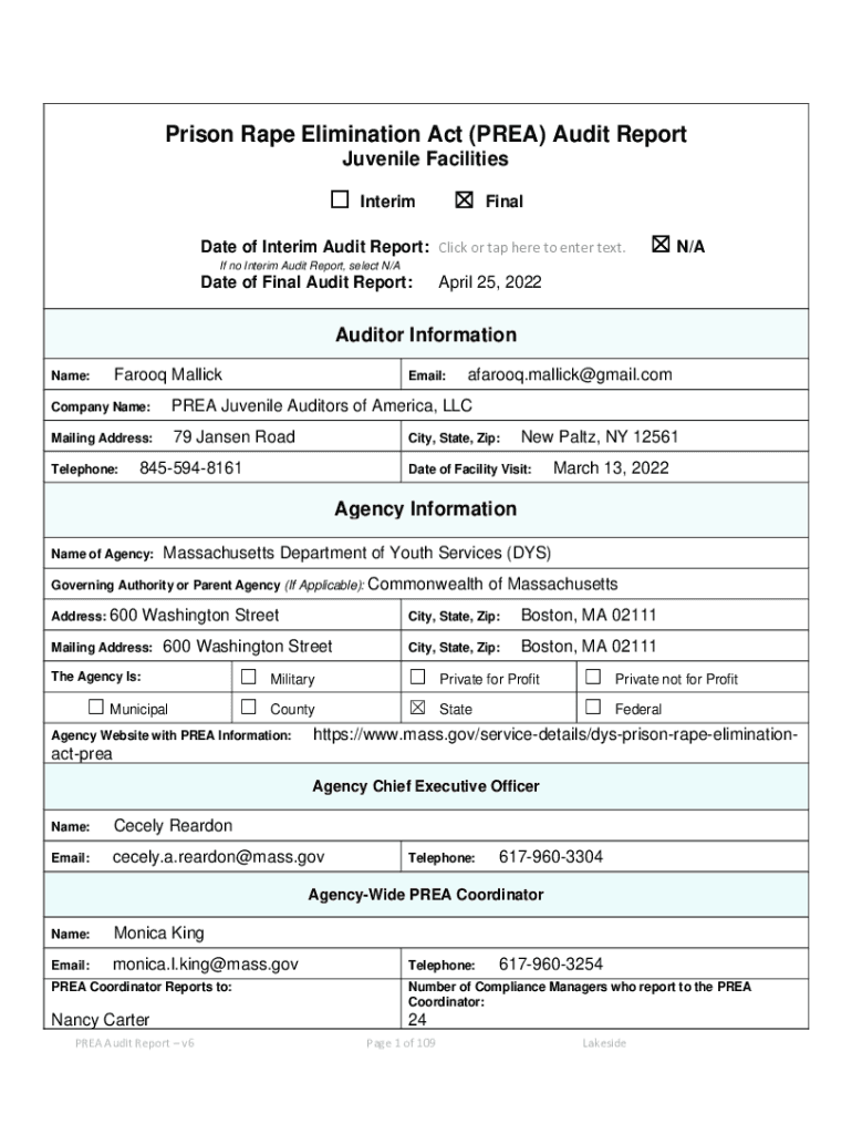 Fillable Online - Prison Rape Elimination Act (PREA) Audit Report ...