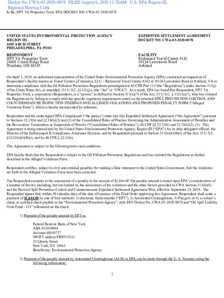 Fillable Online yosemite epa Travel Centers ESA Certificate of Service ...