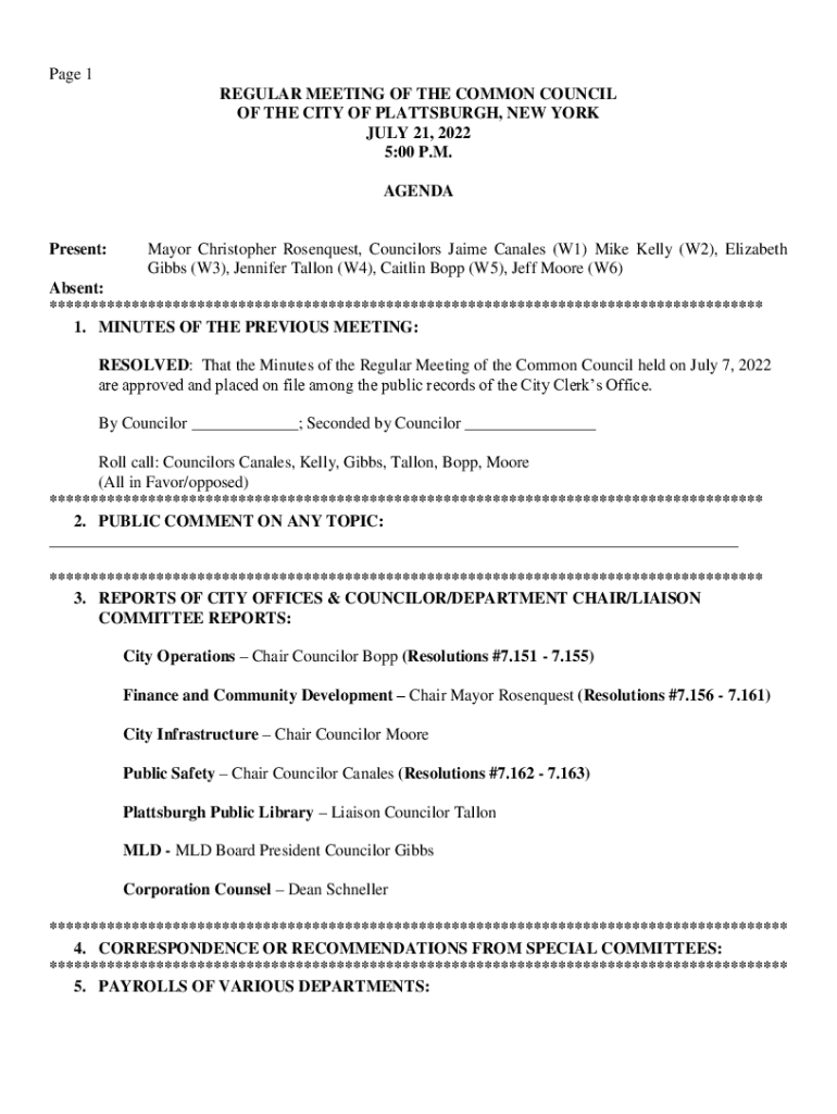 Fillable Online Roll call: Councilors Canales, Kelly, Gibbs, Tallon ...