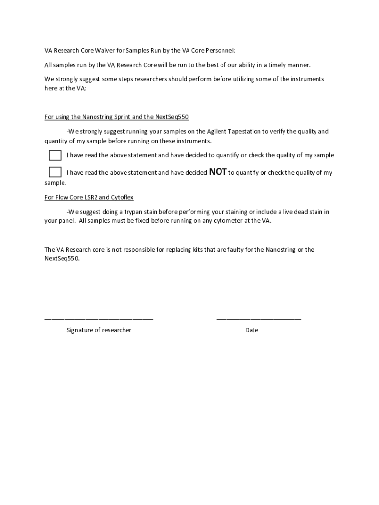 Fillable Online VA Research Core Waiver for Samples Run by the VA Core ...